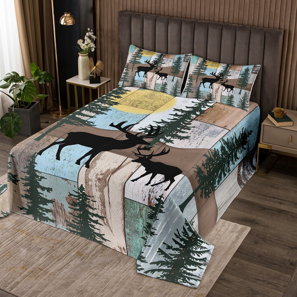 Elk Deer Quilt Set Farmhouse Cottage Lodge Queen Bedspread Set for Boys ...