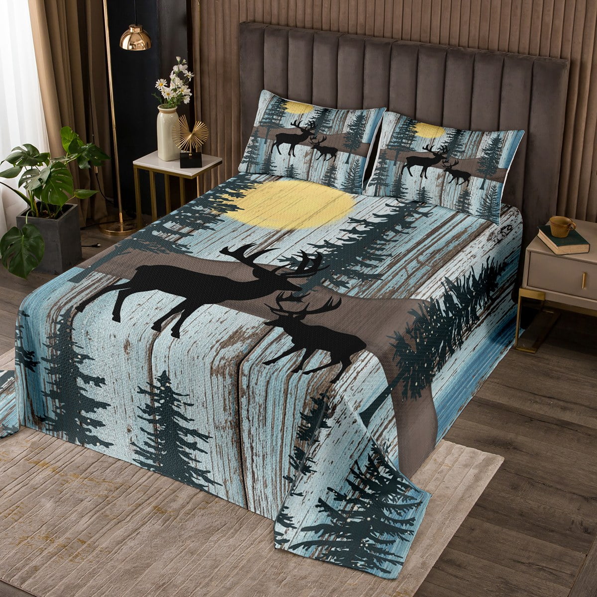 Elk Deer Quilt Set Farmhouse Cottage Lodge Queen Bedspread Set for Boys ...