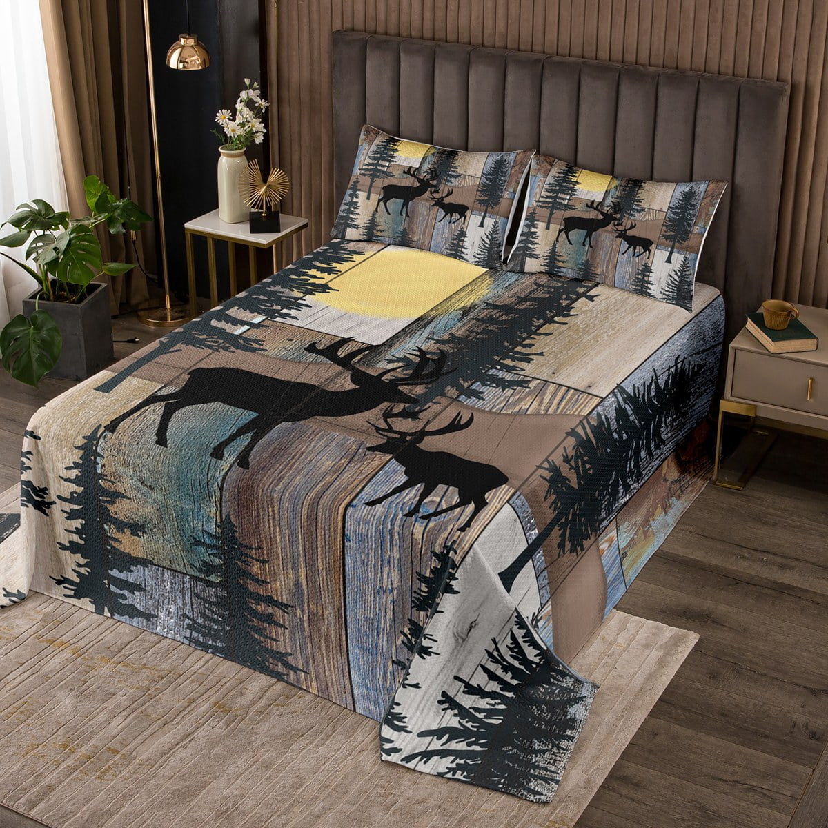 Elk Deer Quilt Set Farmhouse Cottage Lodge Twin Bedspread Set,Christmas ...