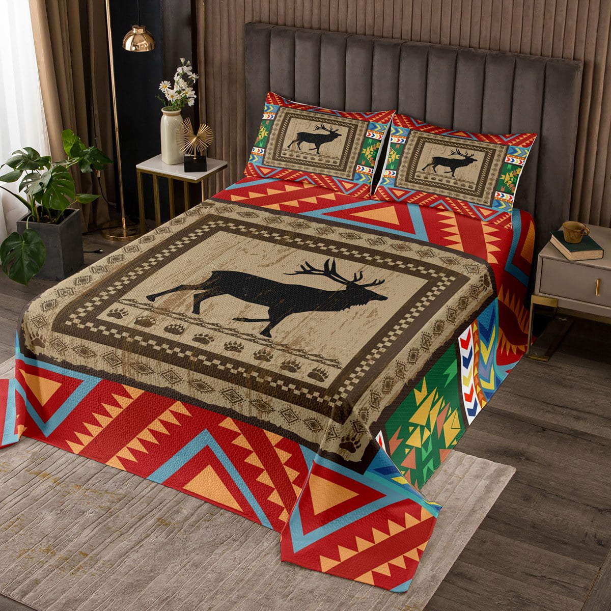 Elk Deer Quilt Set King Boho Ethnic Aztec Bedspread Set Moose Wild ...