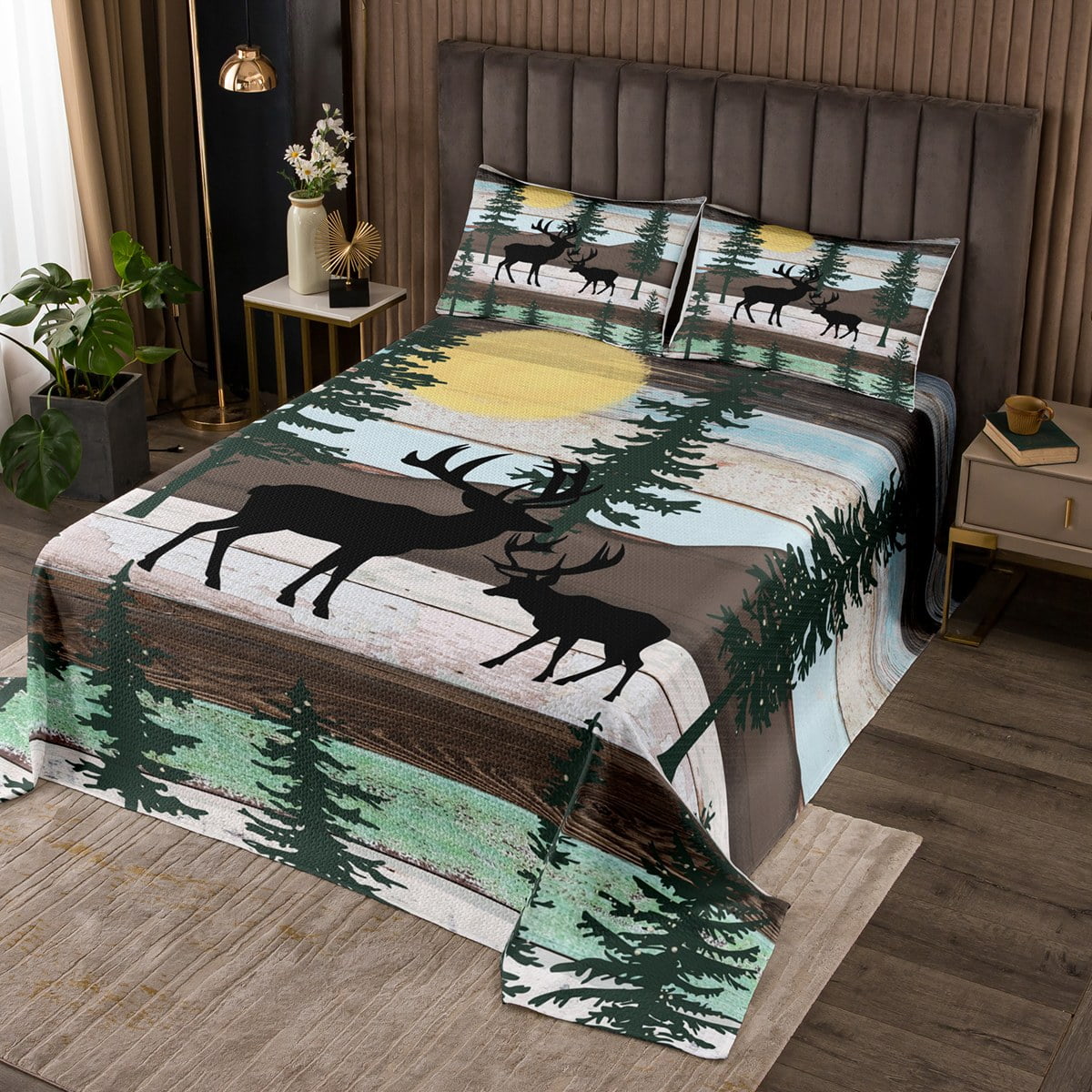 Elk Deer Quilt Set Lodge Cabin Backdrop Twin Bedspread Set for Girls ...