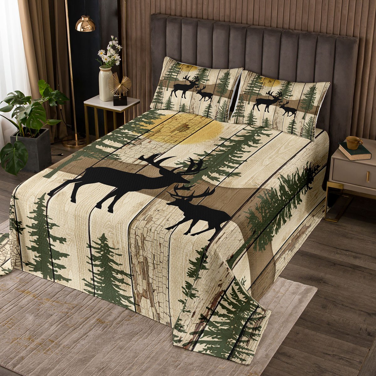 Elk Deer Quilt Set Lodge Cabin Backdrop Twin Bedspread Set for Girls ...
