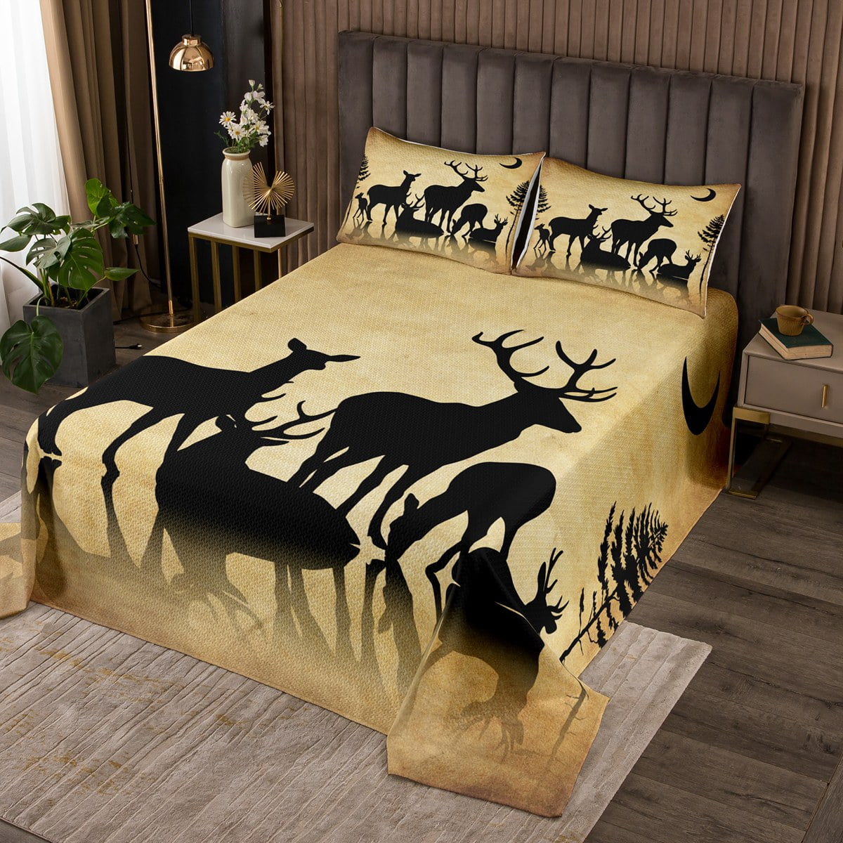 Elk Deer Quilt Set Queen Moose Bedspread Set,Grunge Vintage Reindeer ...