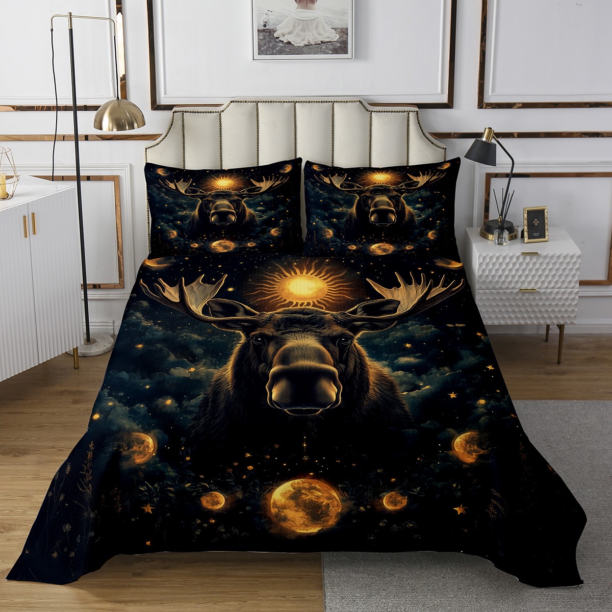Elk Deer Quilt Set Rustic Moose Coverlet Set,Boho Sun and Moon Galaxy ...