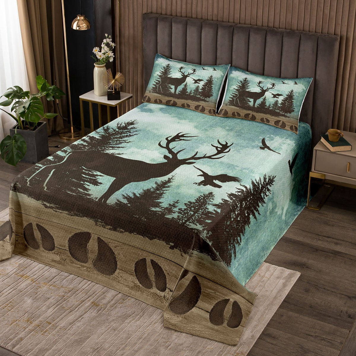 Elk Deer Quilt Set Rustic Pine Trees King Bedspread Set for Boys ...