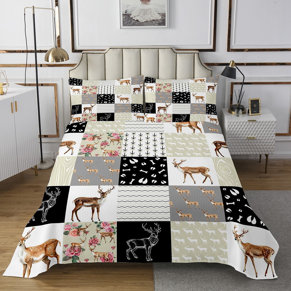 Elk Deer Quilt Set Woodland Animals Coverlet Set,Jungle Moose Paw Print ...