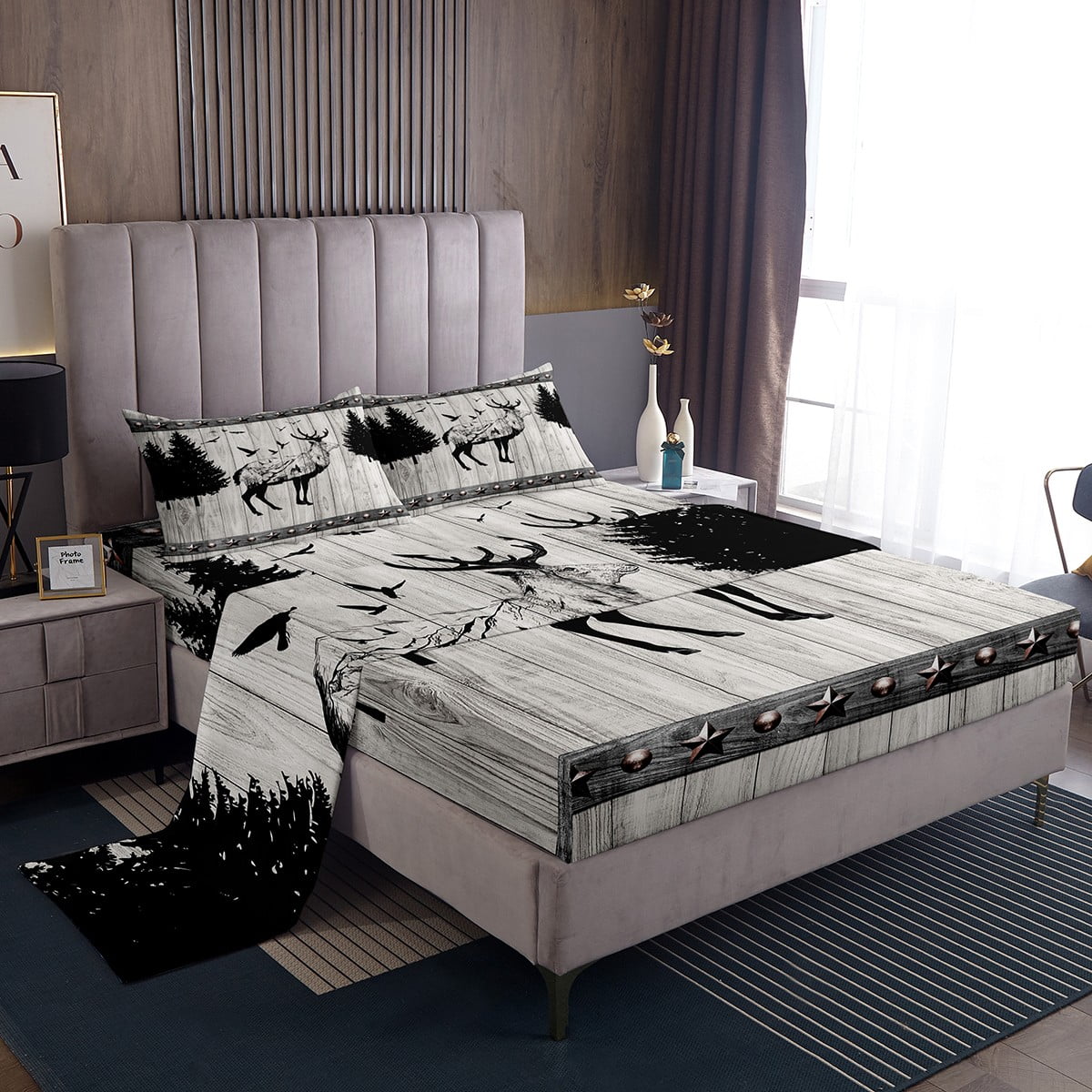 Elk Deer Sheet Set Rustic Farmhouse Sheets,Grey Lodge Cabin Wood Plank ...