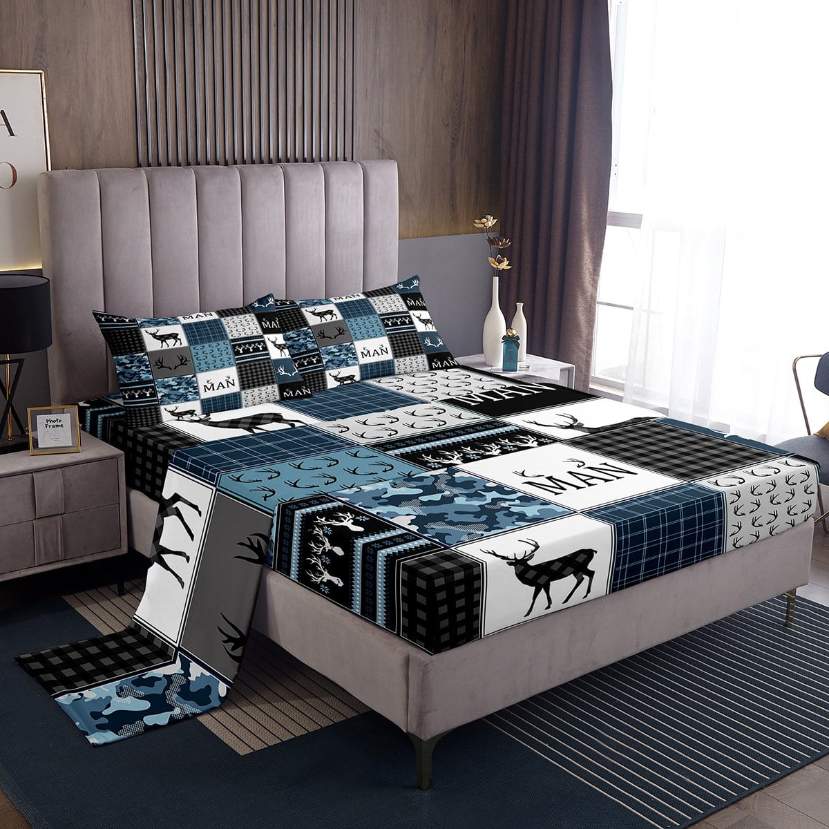 Elk Deer Sheet Set Teal Blue Camouflage Sheets,Retro Black Checkered ...