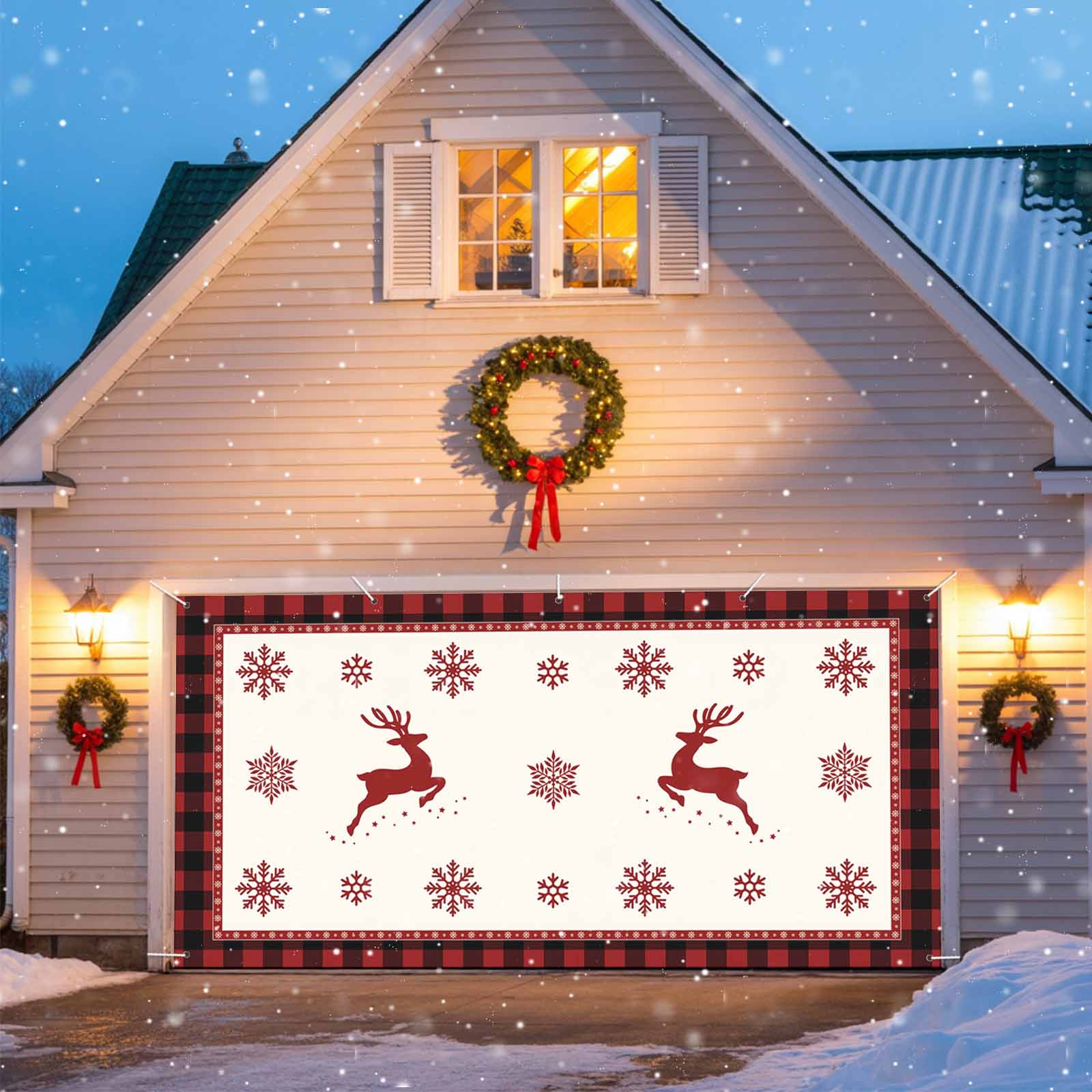 Elk Deer Snowflake Garage Door Decorations, 6x13ft Garage Door Cover ...