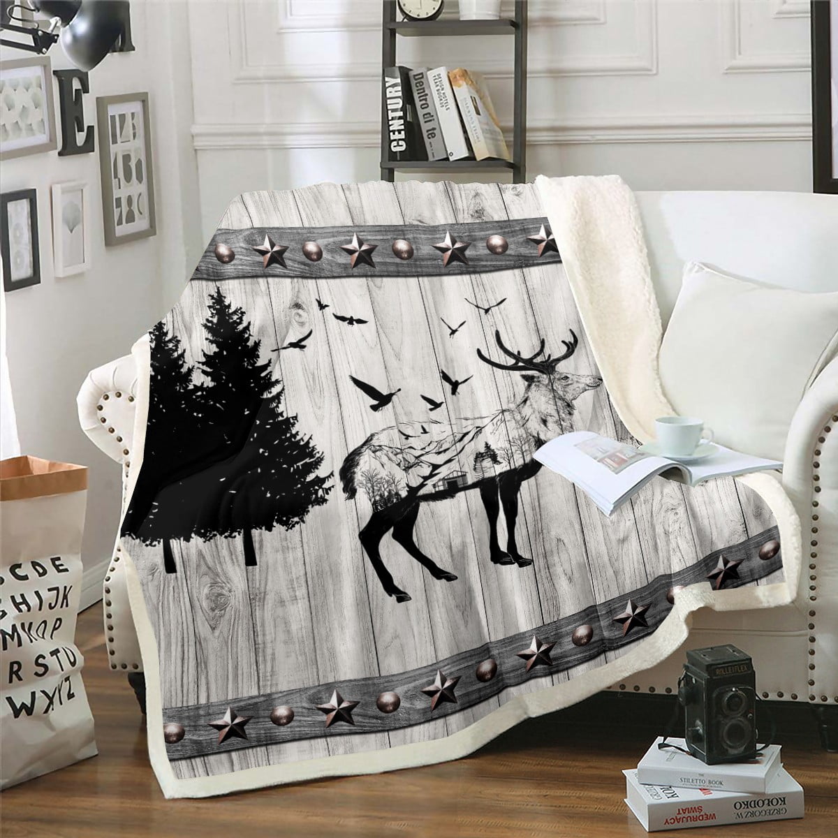 Elk Deer Throw Blanket Rustic Farmhouse Fleece Blanket,Grey Lodge Cabin ...