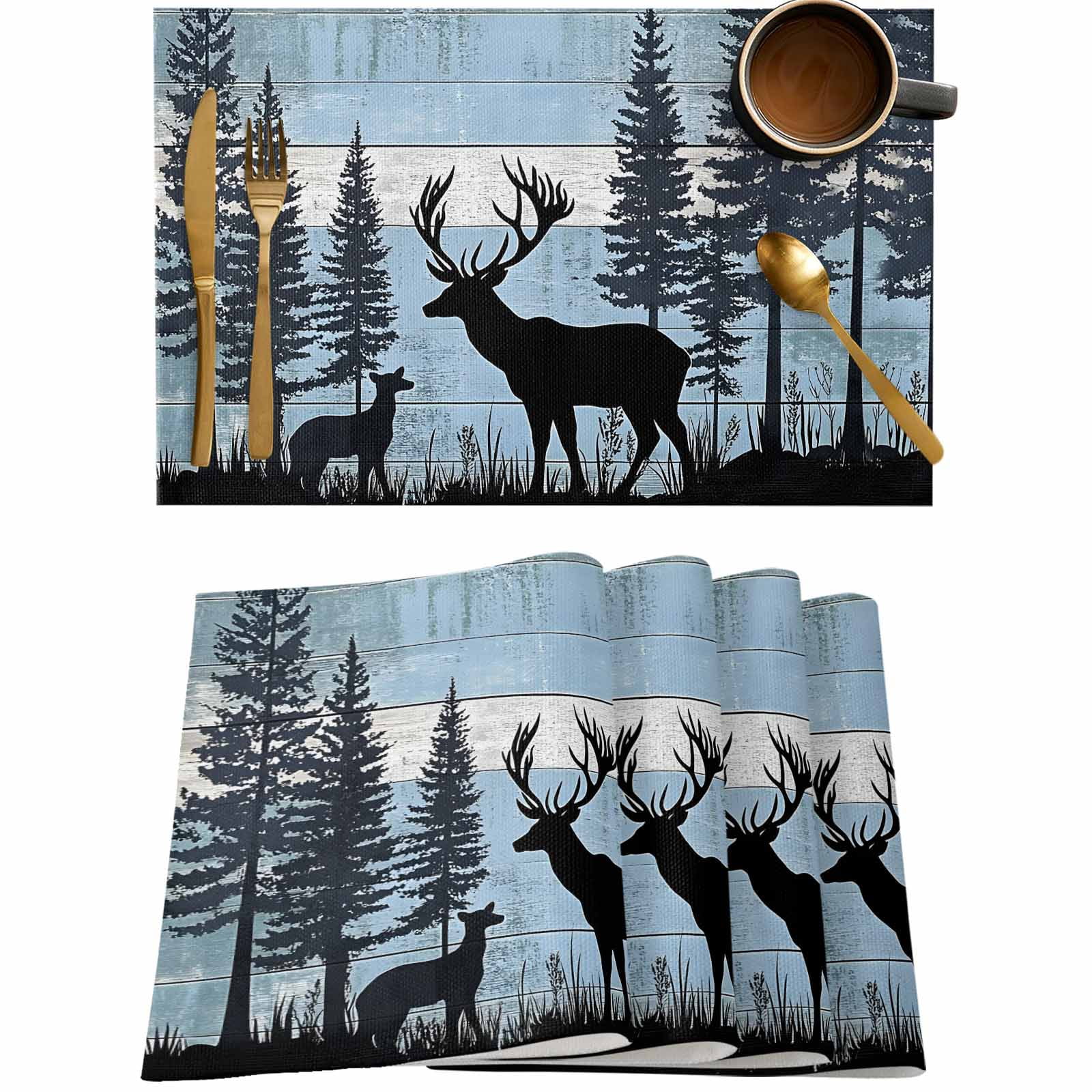 Elk Forest Mountain Animal Shadow Placemats Set of 4,Wipeable Washable ...