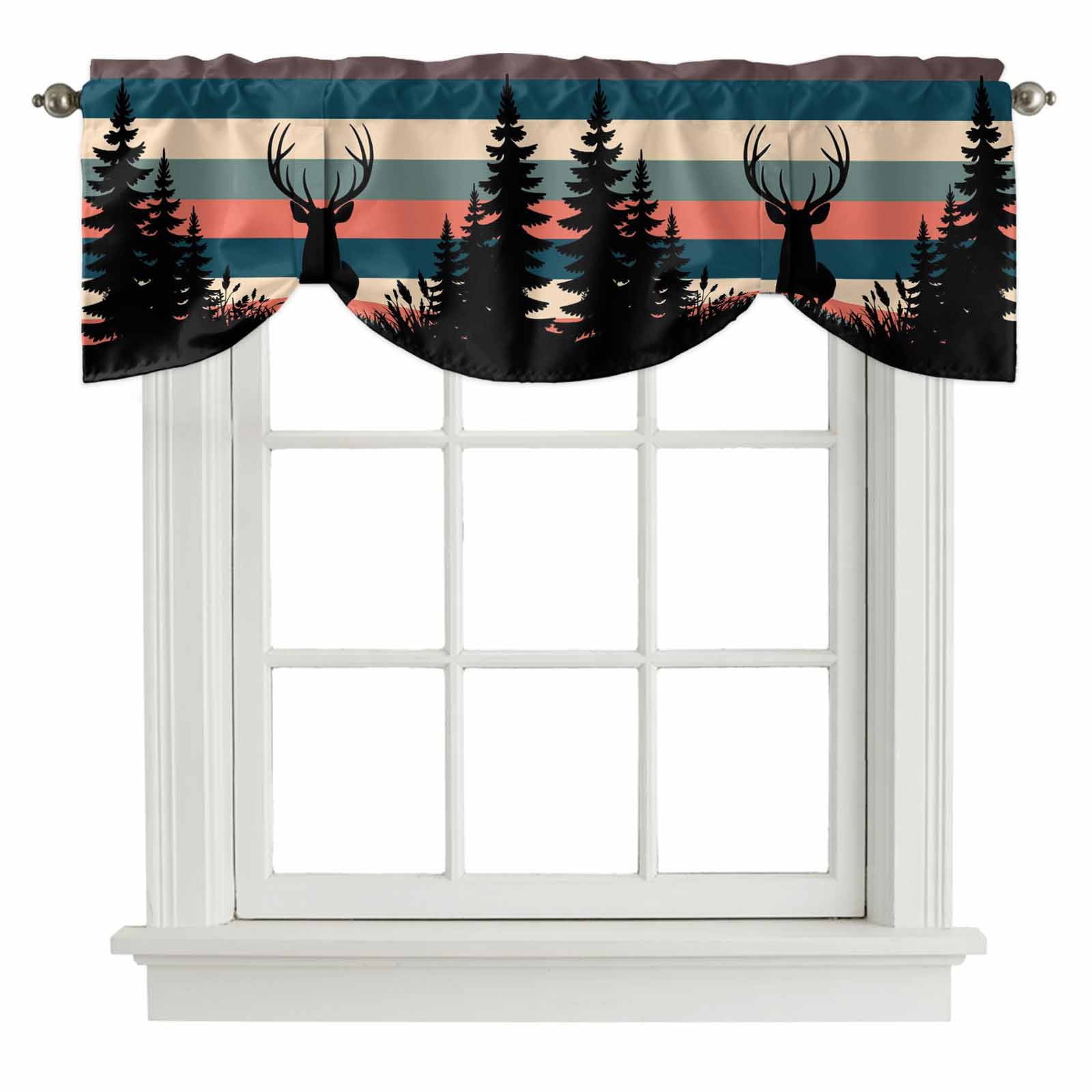Elk Forest Silhouette Tie Up Valance Curtains Tree Nature Adjustable ...