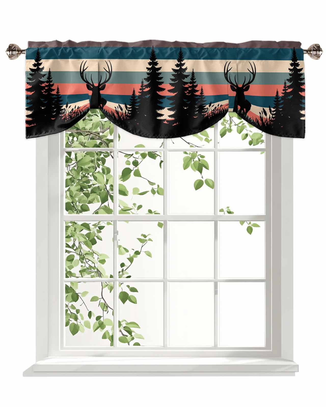 Elk Forest Silhouette Tie Up Valances Curtain, Adjustable Kitchen Tree ...
