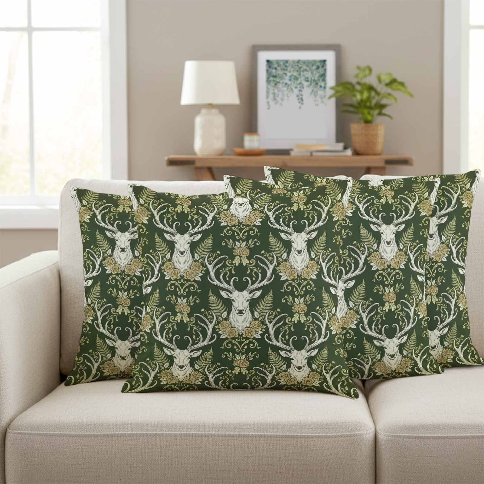 Elk Head Pillow Covers Set of 4, Animals Classical Floral Pattern Olive ...