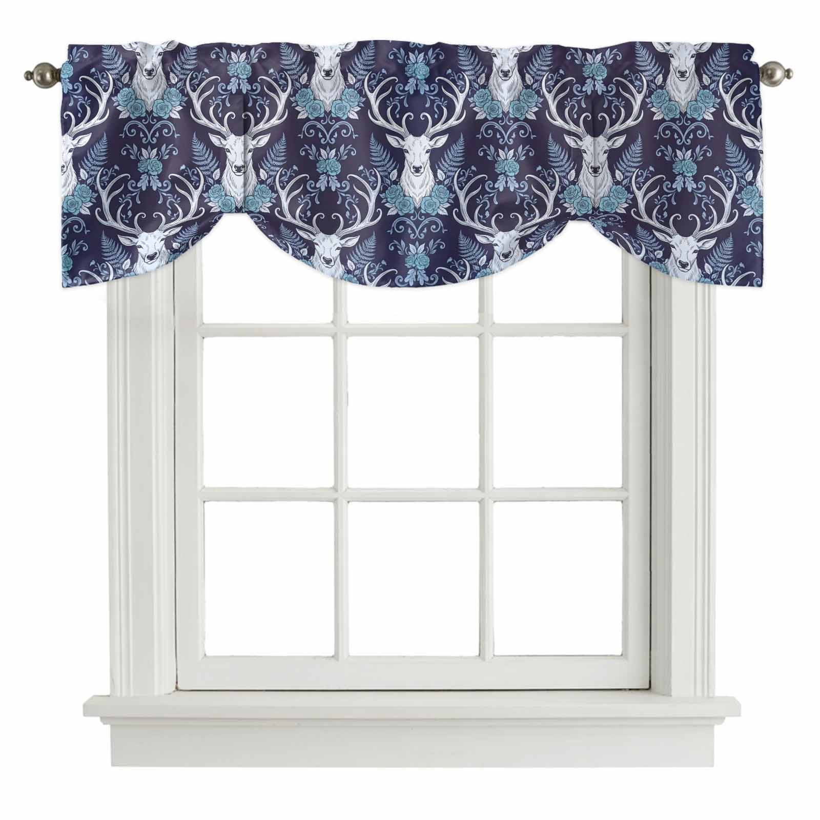 Elk Head Tie Up Valance Curtains Animals Classical Floral Pattern Navy ...