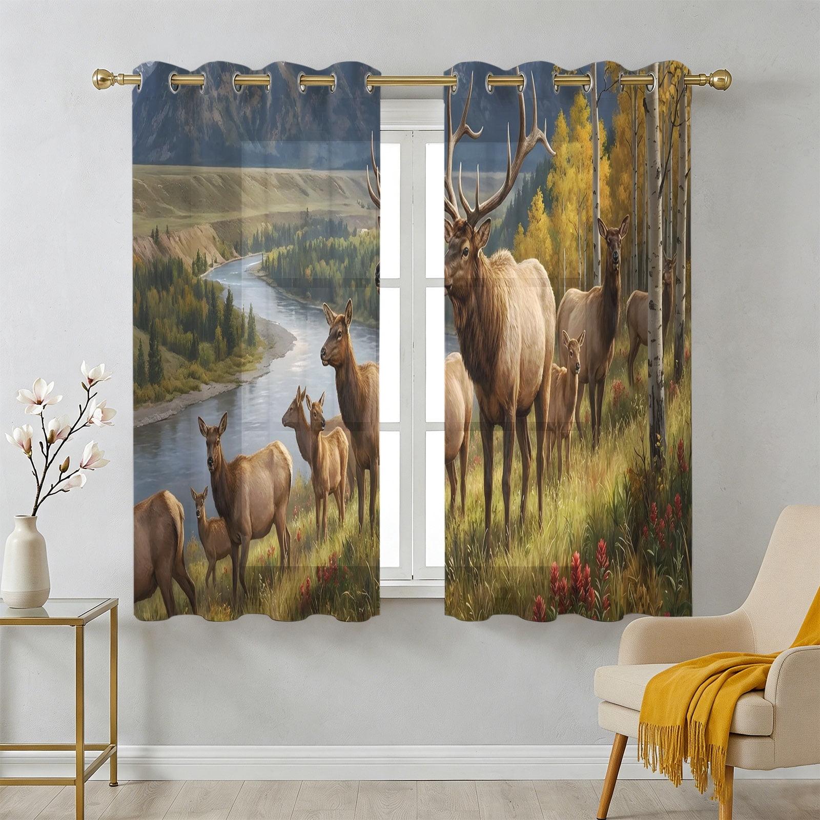 Elk Herd Sheer Curtains 45 Inch Long 2 Panels, Rustic Mountains Autumn ...