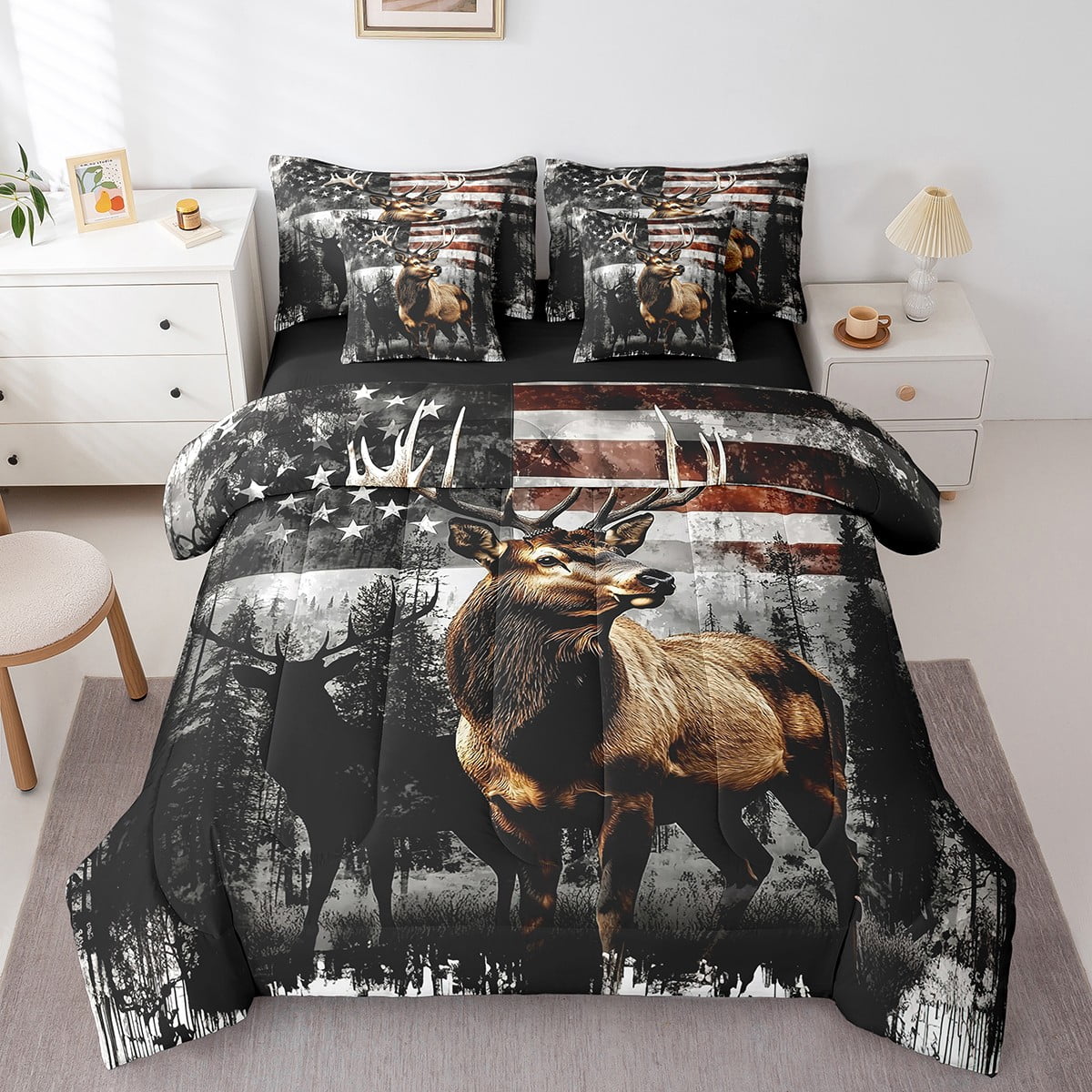 Elk Lodge Comforter Set King,Jungle Deer Pine Trees Animal Hunting ...