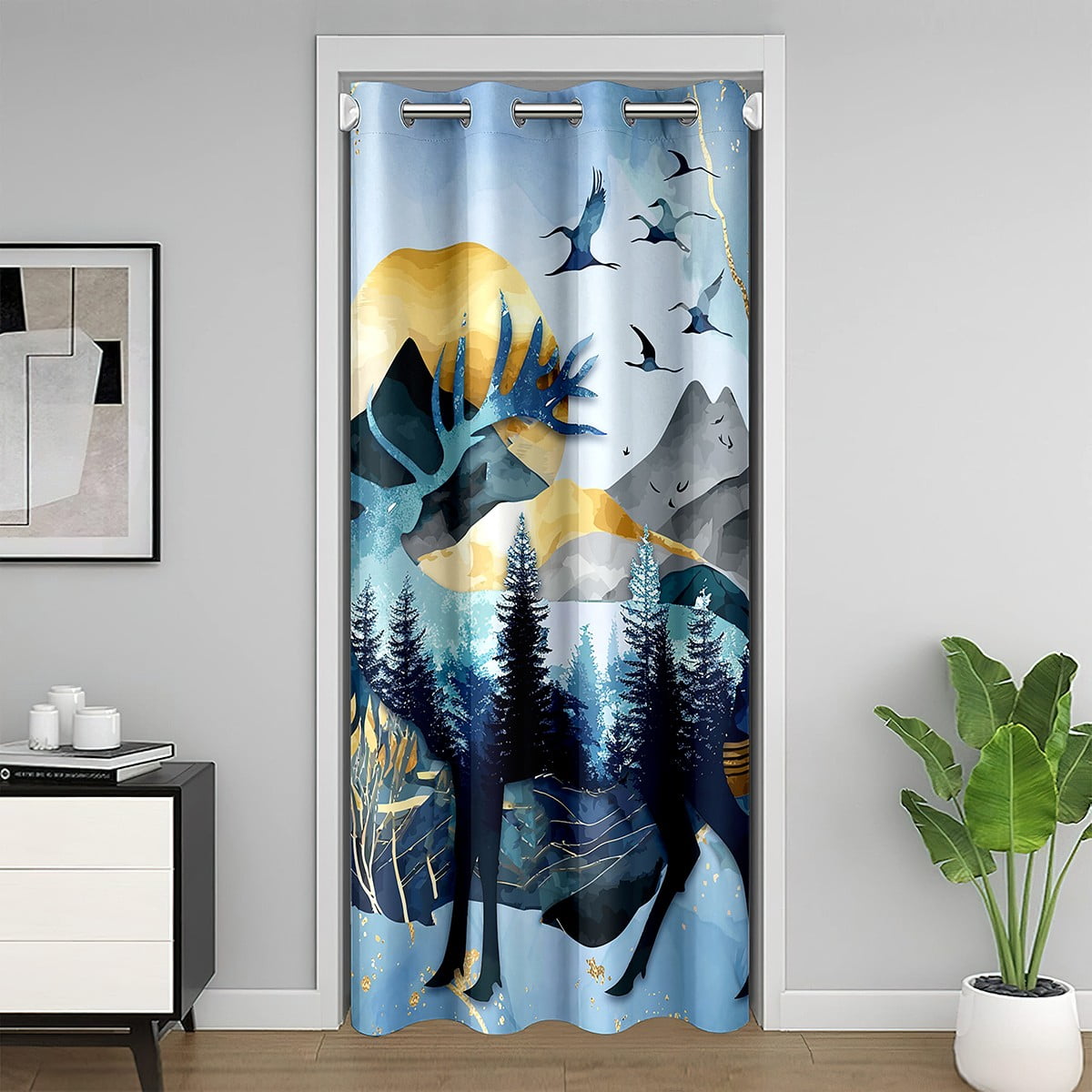 Elk Moose Doorway Curtain 1 Panel 84"x42", Jungle Mount Pine Trees Wild ...