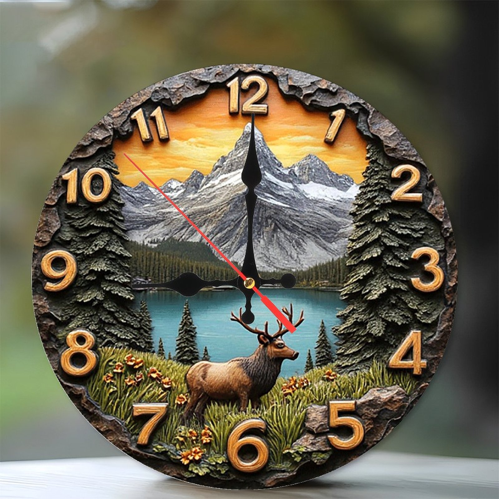 Elk Mountain Lake Scene Wall Clock 10-Inch Silent Wooden Wall Clock ...