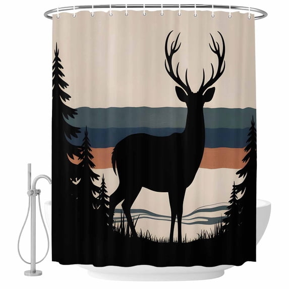 Elk Silhouette Bathroom Shower Curtains with Hooks, Forest Tree Nature ...