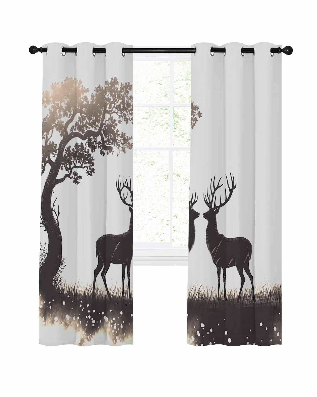 Elk Silhouette Blackout Curtains 84 Inch Length Grassland Animal Tree ...