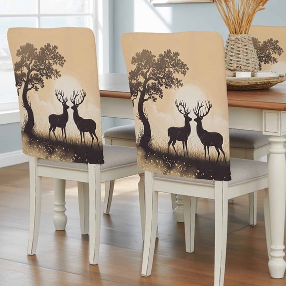 Elk Silhouette Chair Back Covers, Sunset Animal Antlers Forest Tree ...