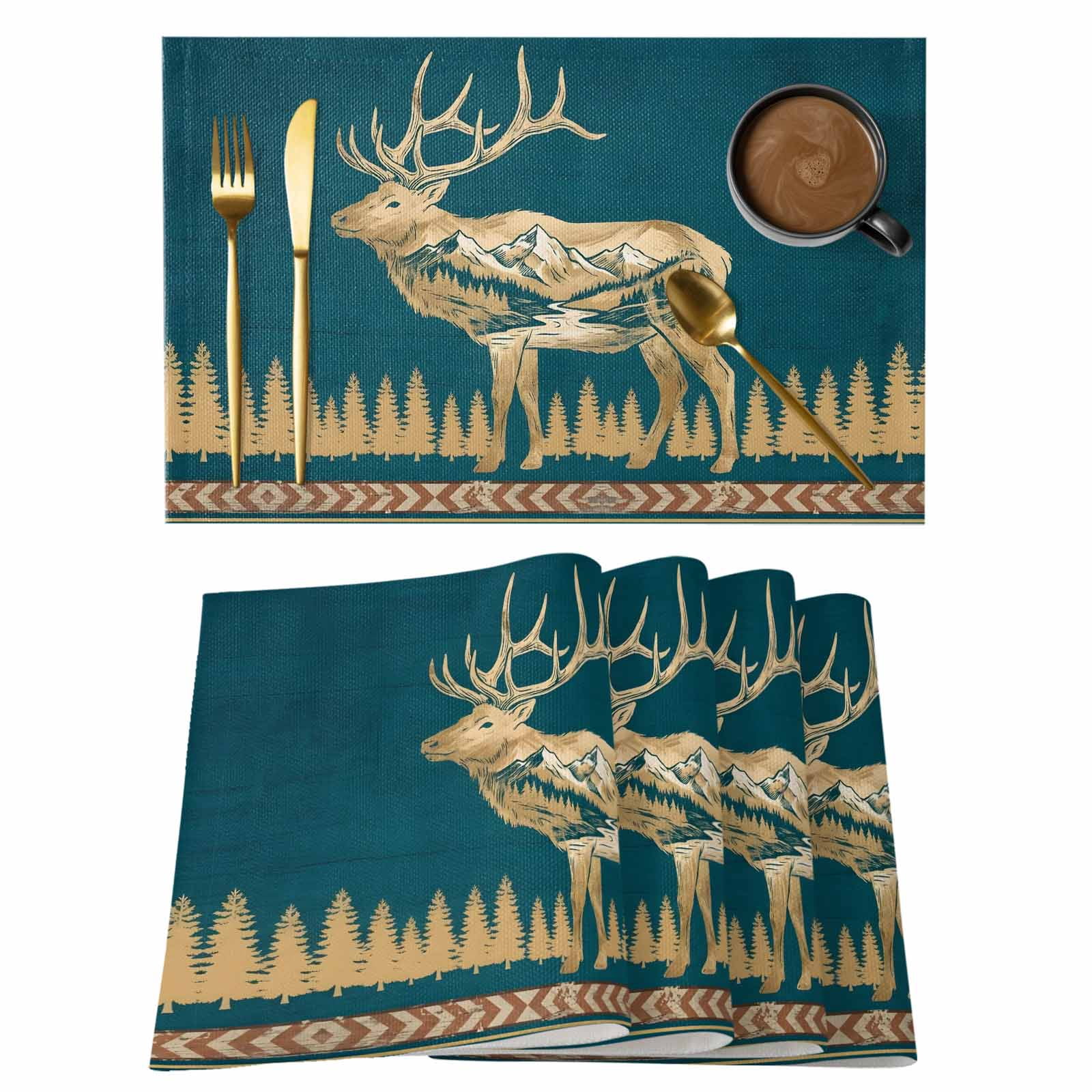 Elk Silhouette Cotton Linen Placemats Set of 12, Abstract Animal Gold ...