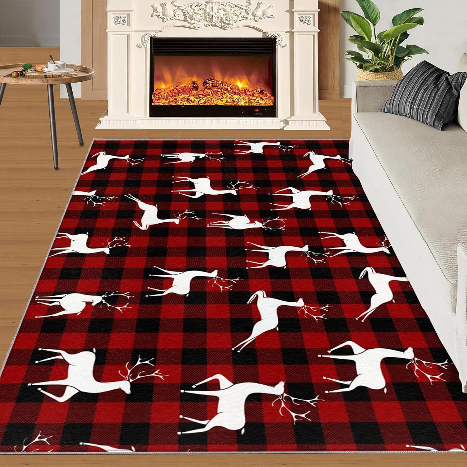 Elk Silhouette Living Room Area Rug, Black and Red Checkered Rug ...
