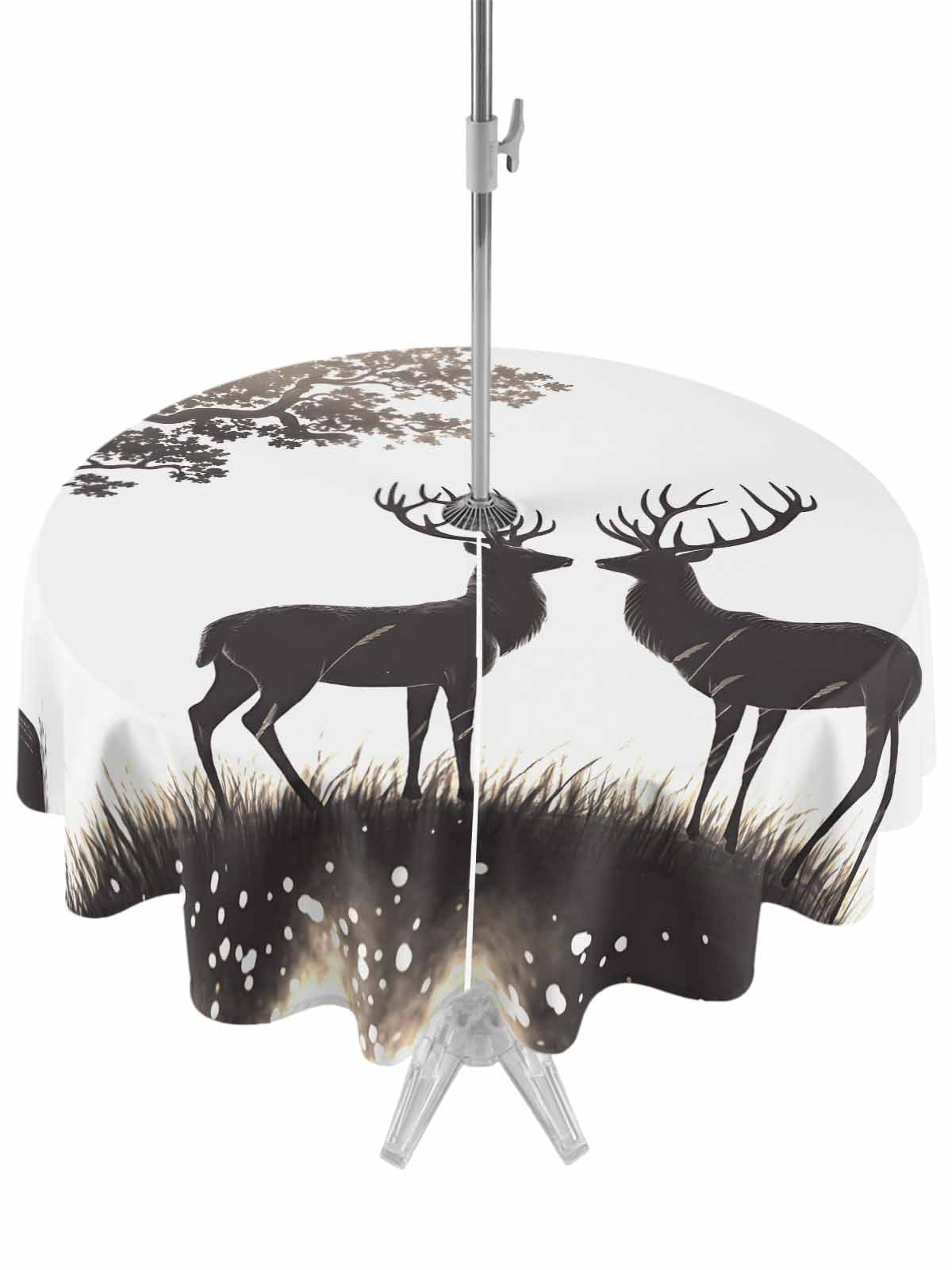 Elk Silhouette Round Outdoor Tablecloth with Umbrella Hole Grassland ...