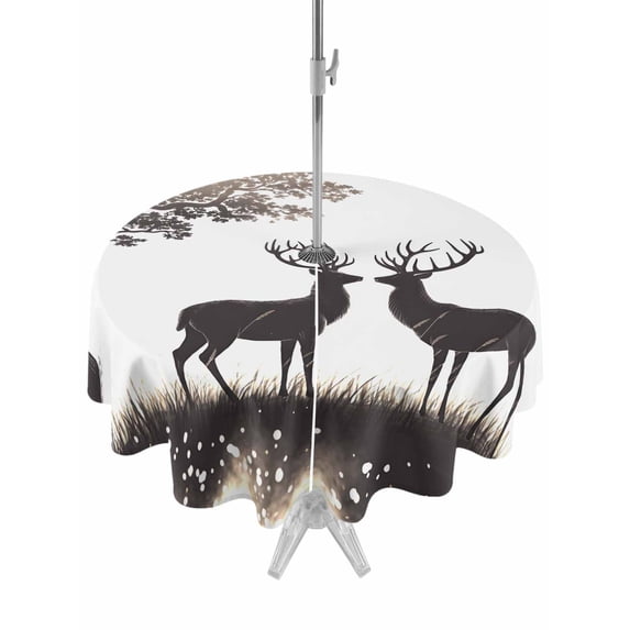 Elk Silhouette Round Outdoor Tablecloth with Umbrella Hole Grassland ...