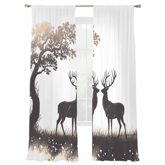 Elk Silhouette Sheer Curtains 2 Panels Set Grassland Animal Tree Sheer ...