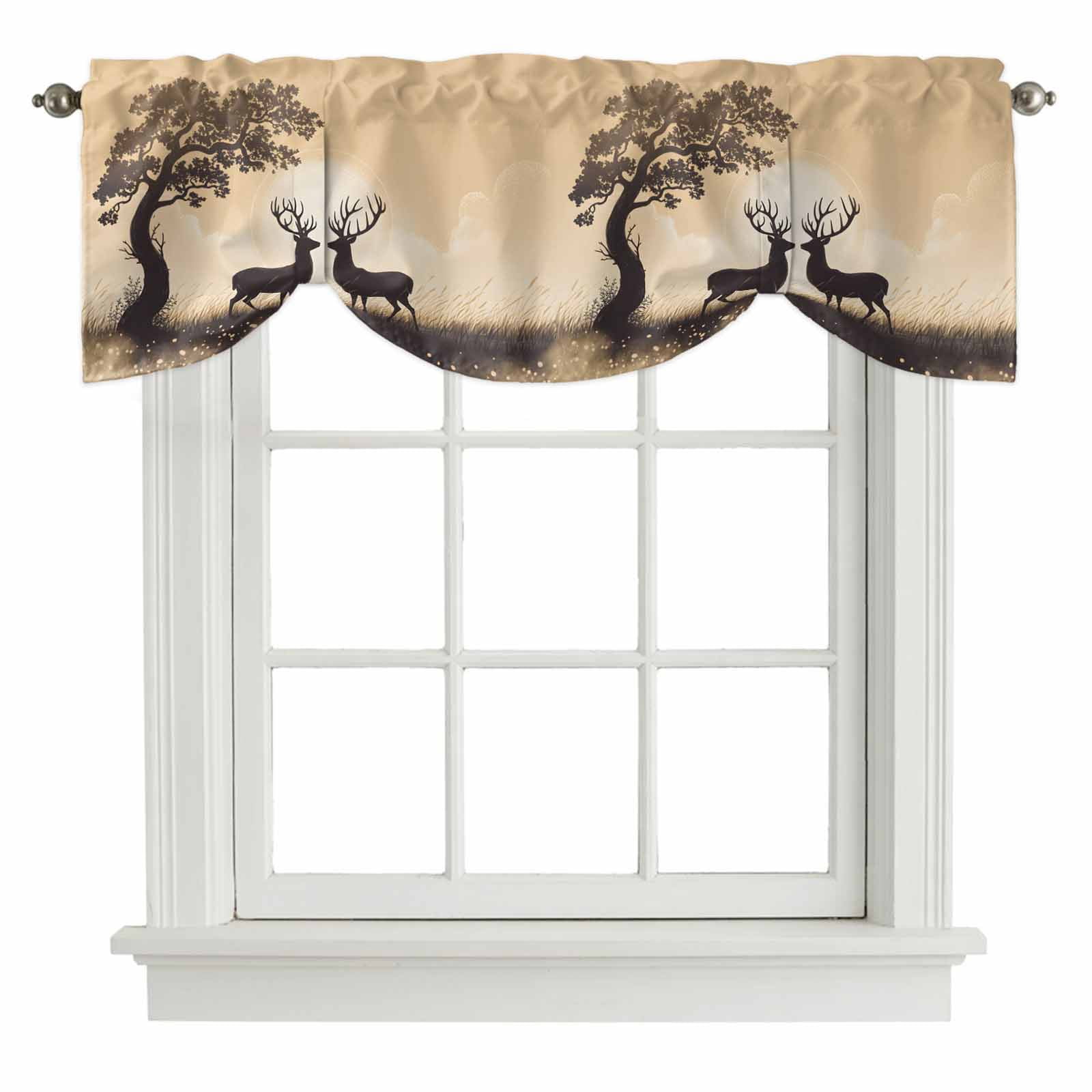 Elk Silhouette Tie Up Valance Curtains Grassland Animal Tree Adjustable ...
