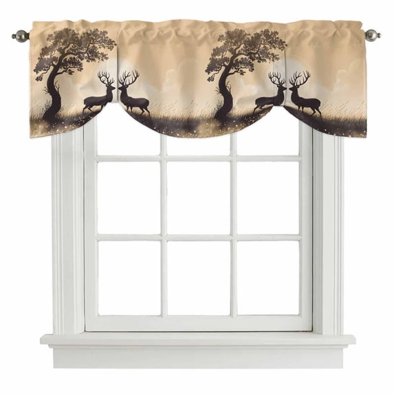 Elk Silhouette Tie Up Valance Curtains Grassland Animal Tree Adjustable ...