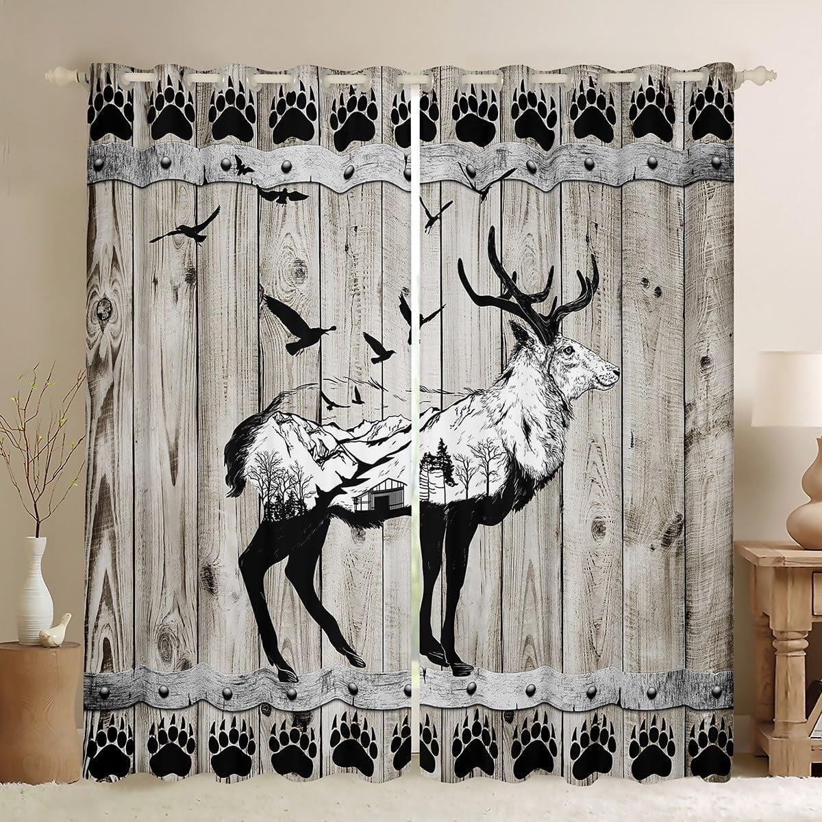 Elk Silhouette Window Curtain Vintage Rustic Farmhouse Wood Barn ...