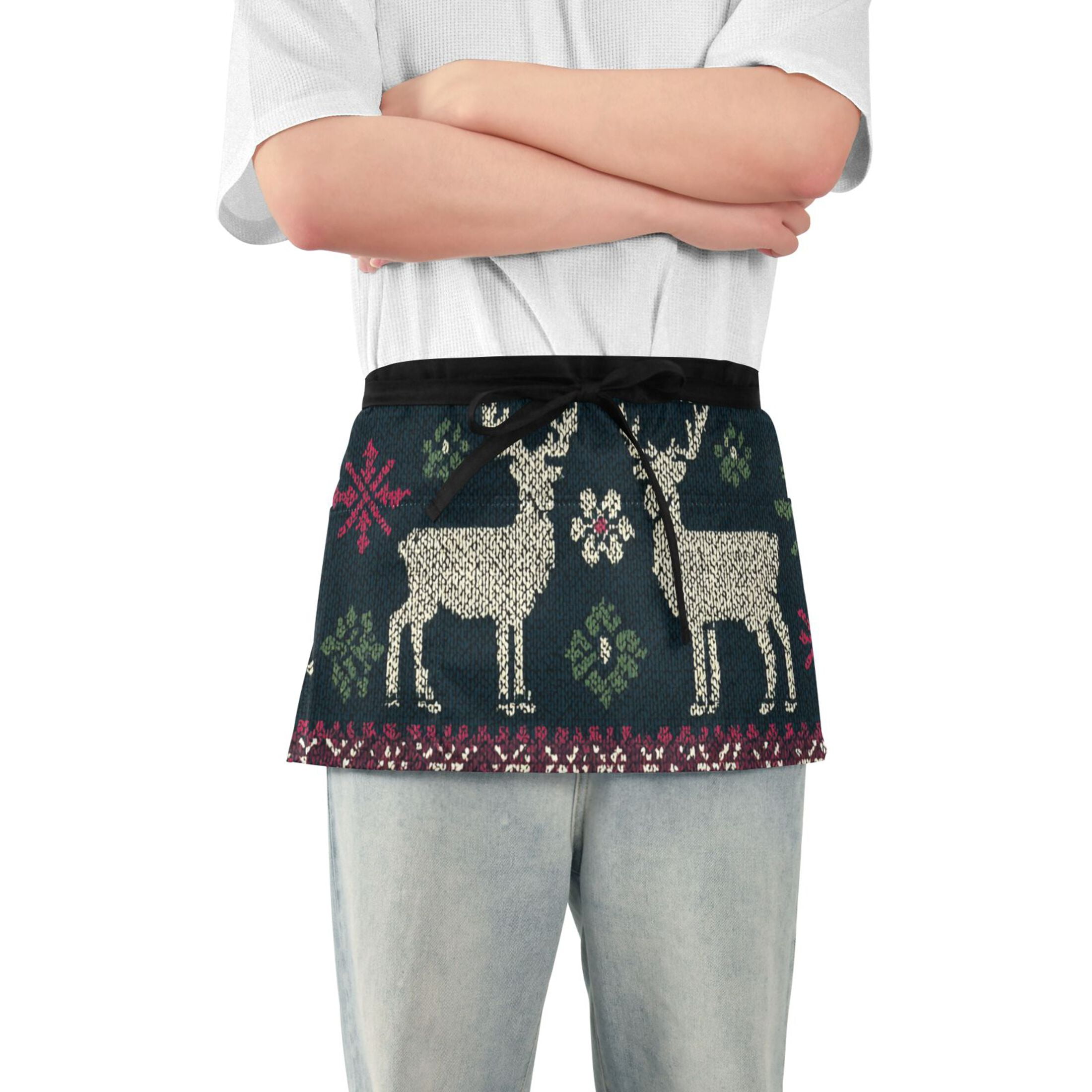 Elk Stripes Snowflake Christmas Knit Pattern Short Server Apron with 3 ...