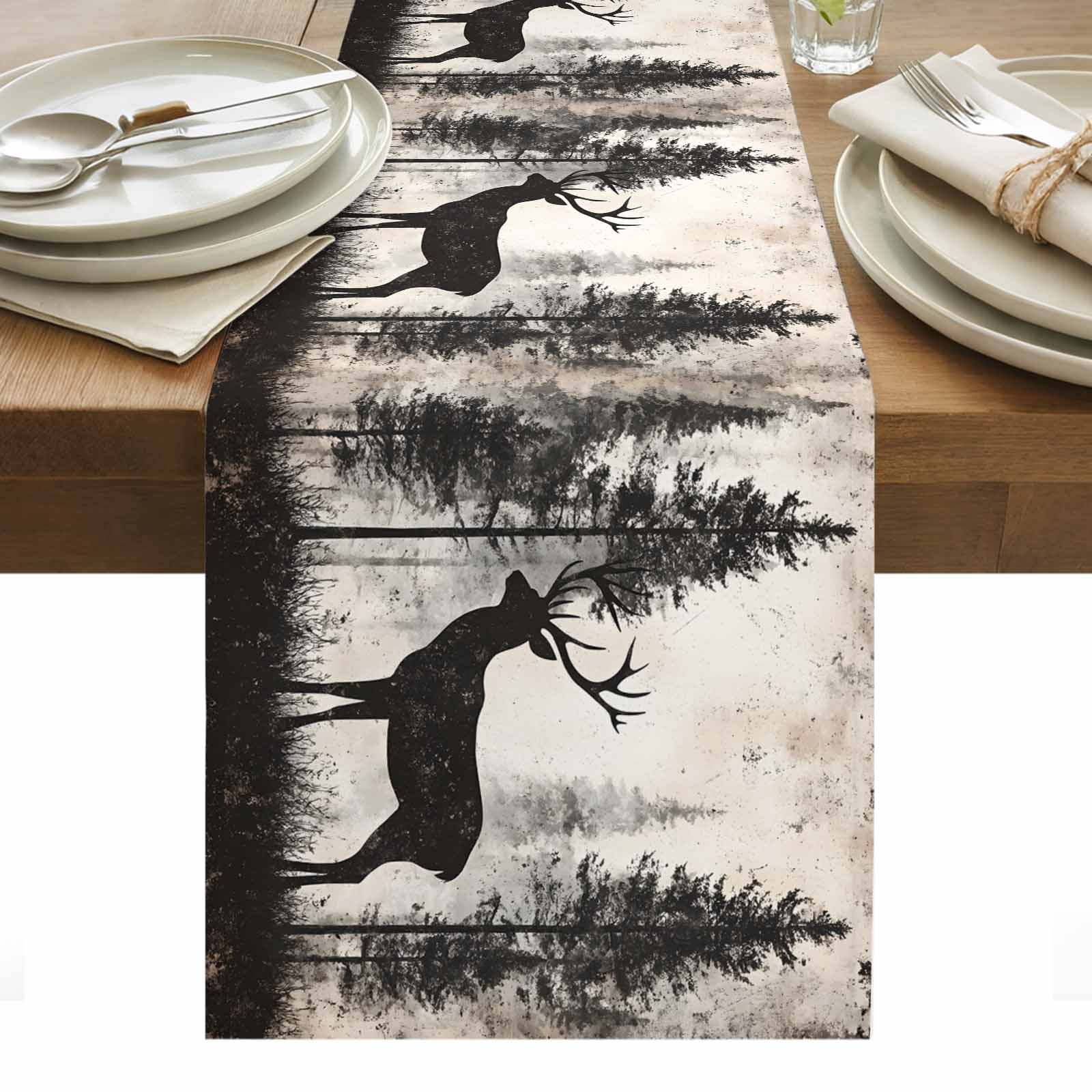 Elk Table Runner 13 x 120 Inch, Deer Silhouette Washable Cotton Linen ...