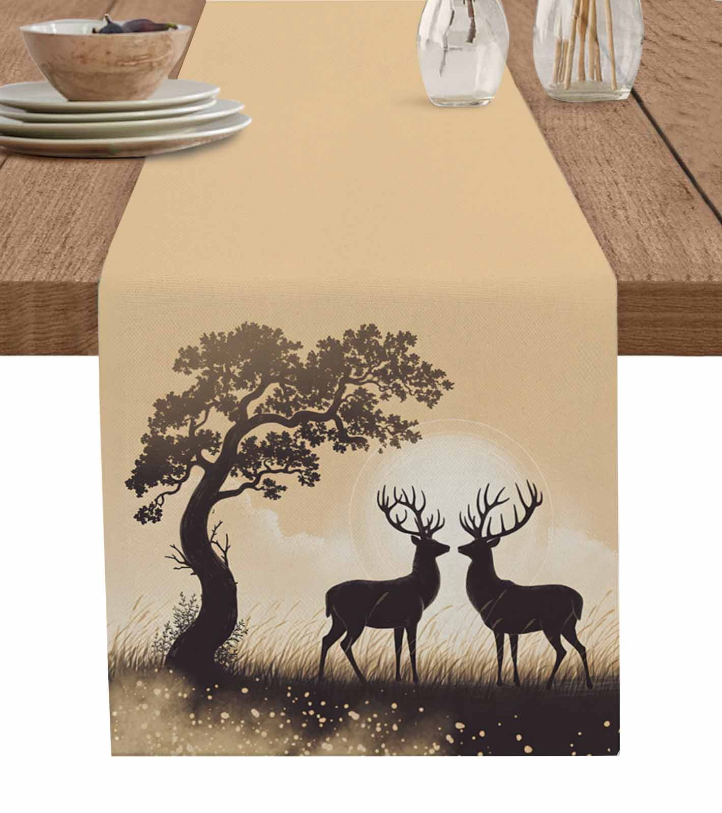 Elk Table Runner 72 Inches, Sunset Animal Antlers Silhouette Forest ...