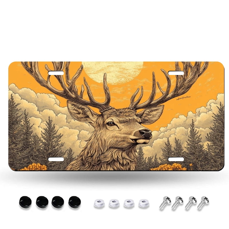 Elk with Large Antlers Under Full Moon License Plate Frame, Decorative ...