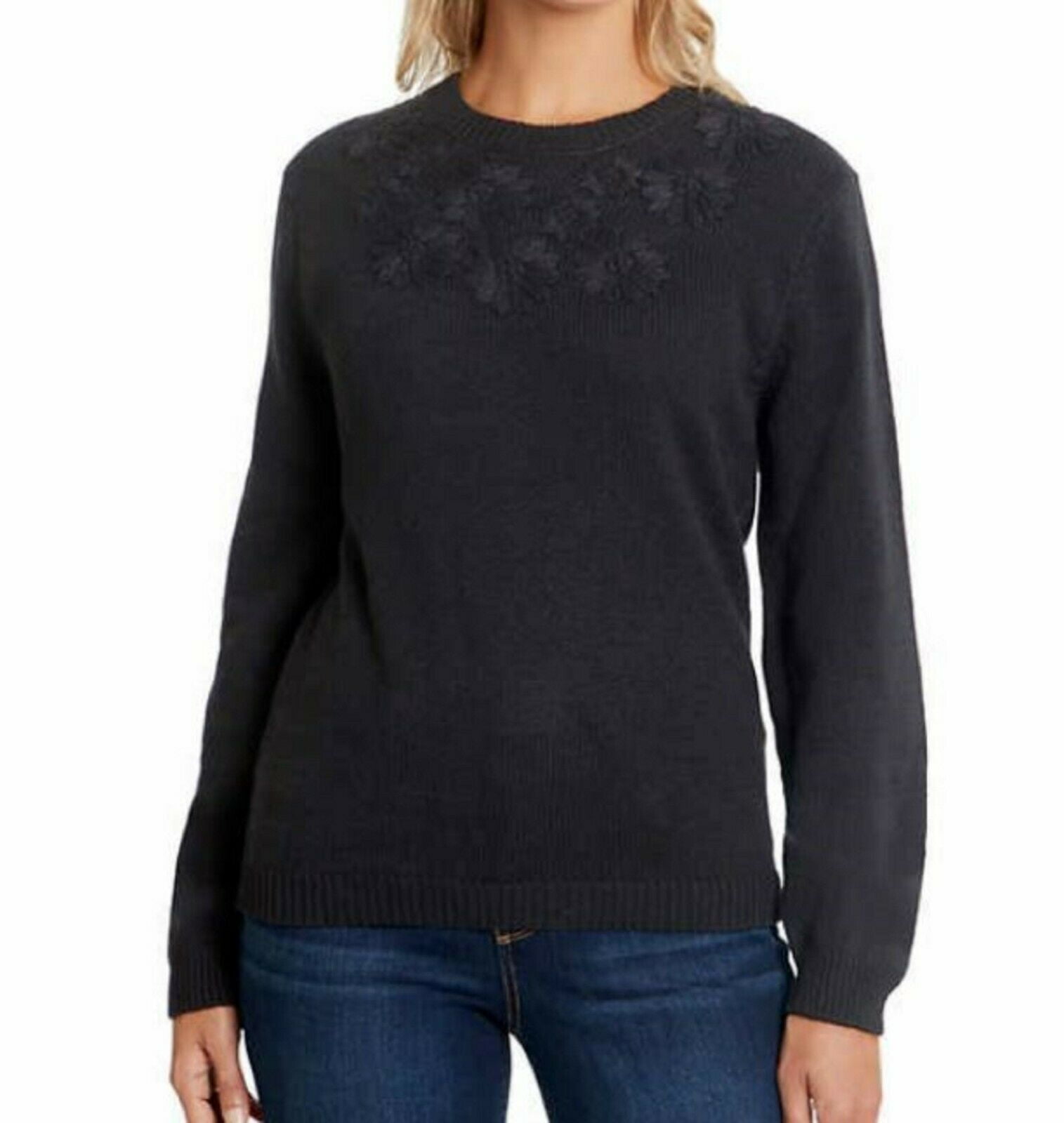 Ella Moss Womens Black Embroidered Sweater Crewneck Long Sleeve L ...