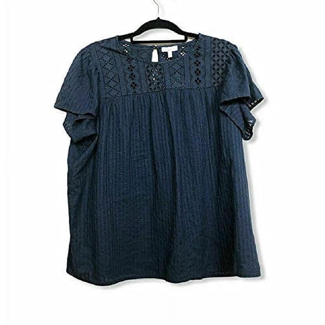 Ella Moss Womens Blouse Beige Striped Eyelet Ruffle Sleeves Keyhole ...
