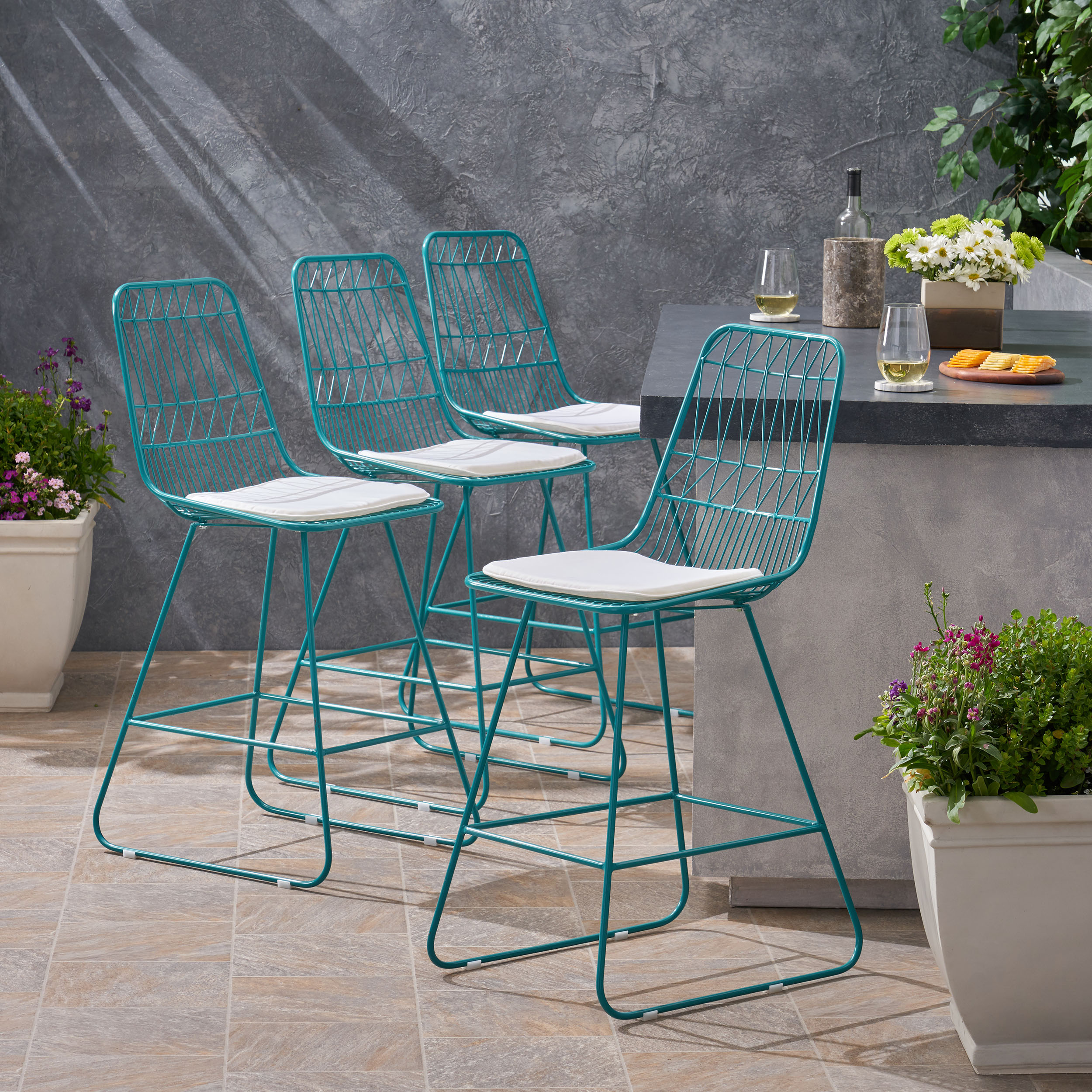 Ella Outdoor Wire Counter Stools with Cushions (Set of 4), Teal and ...