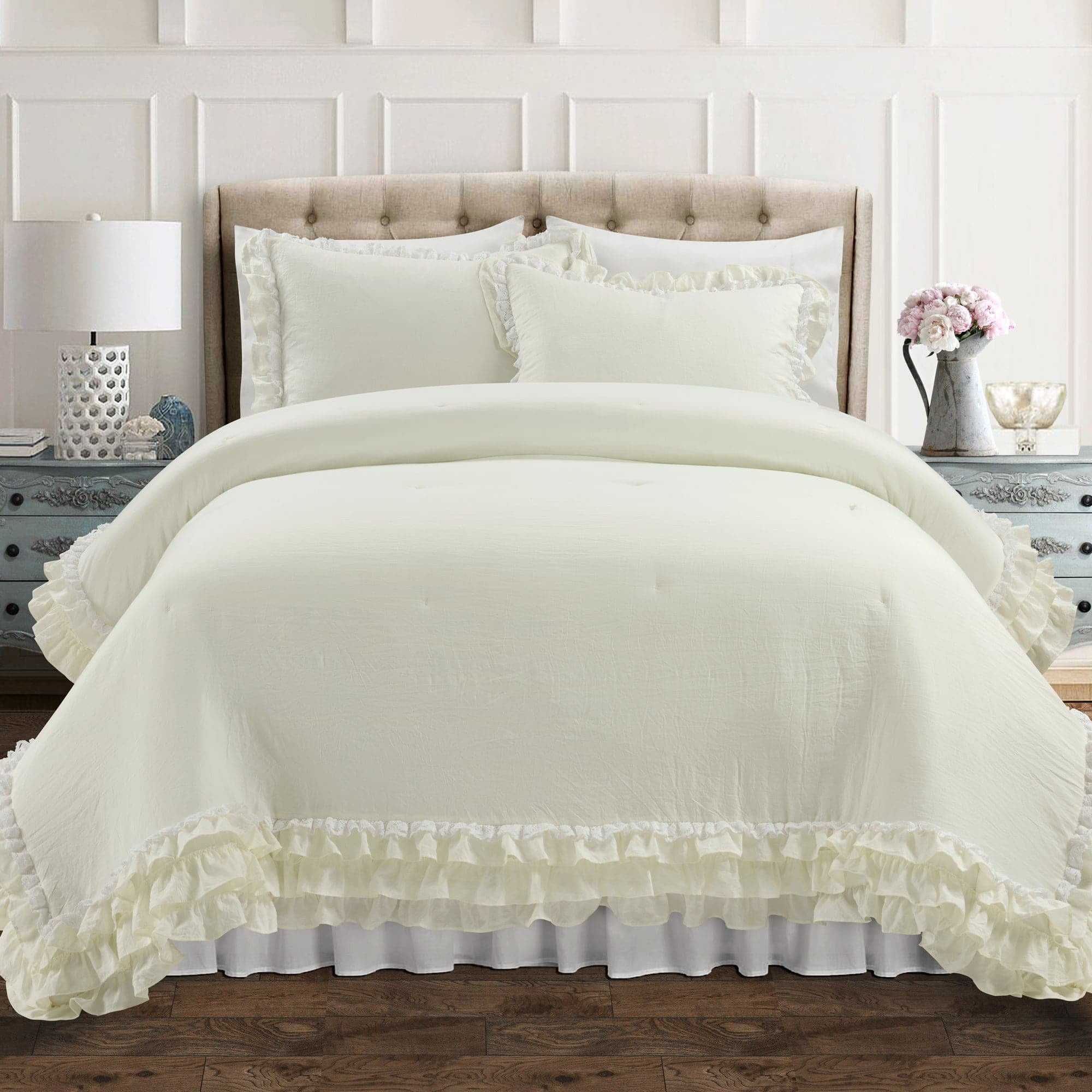 Lush Decor Ella Ruffle Lace Comforter Set, Ivory, Full/Queen, 3-Piece ...