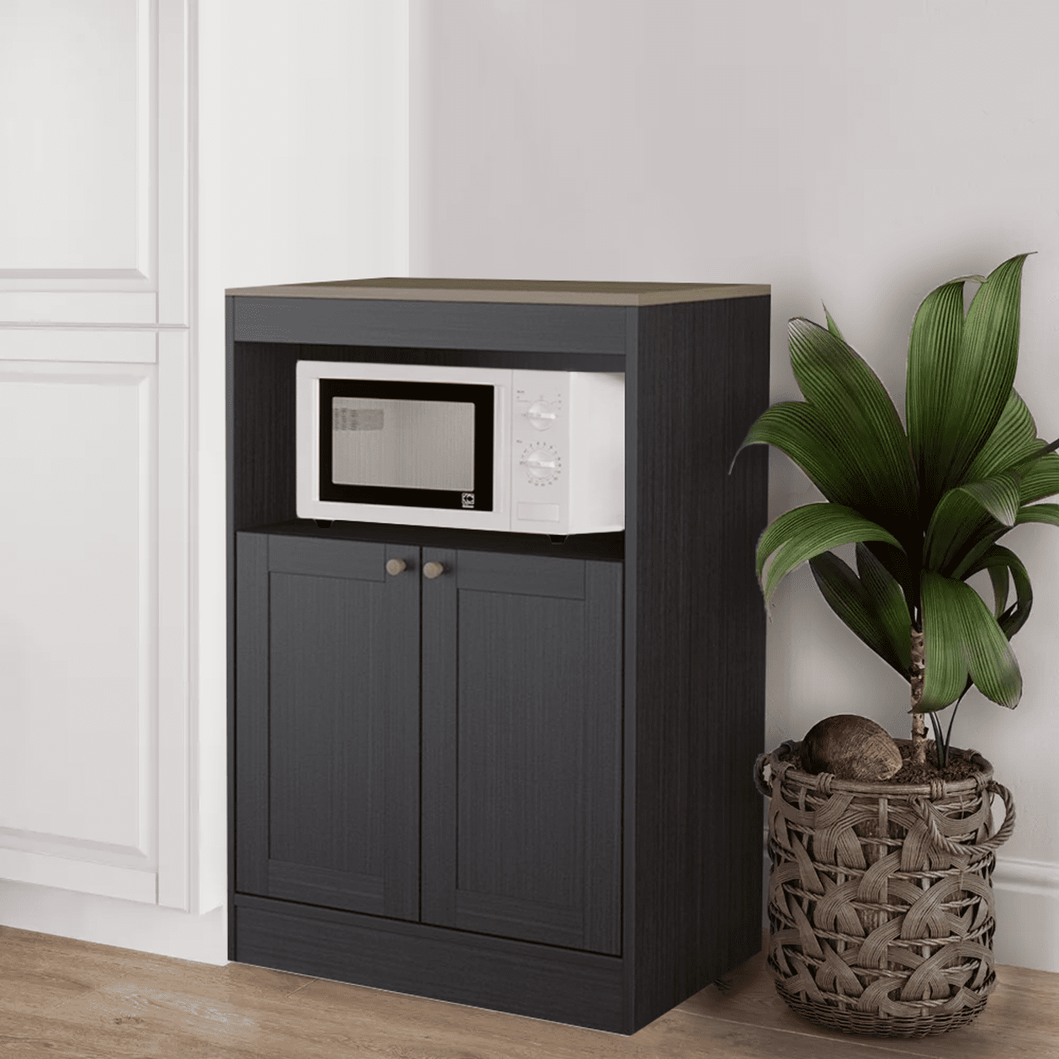 Ella Rhae Microwave Kitchen Cart, Black, Storage Cabinet with Drawer ...