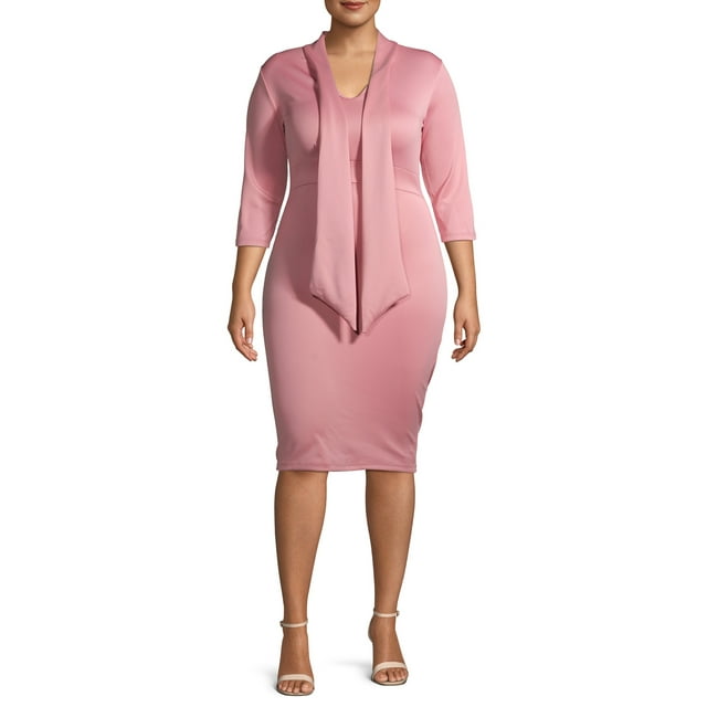 Ella Samani Womens Plus Size 34 Sleeve Dress With Tie Neck