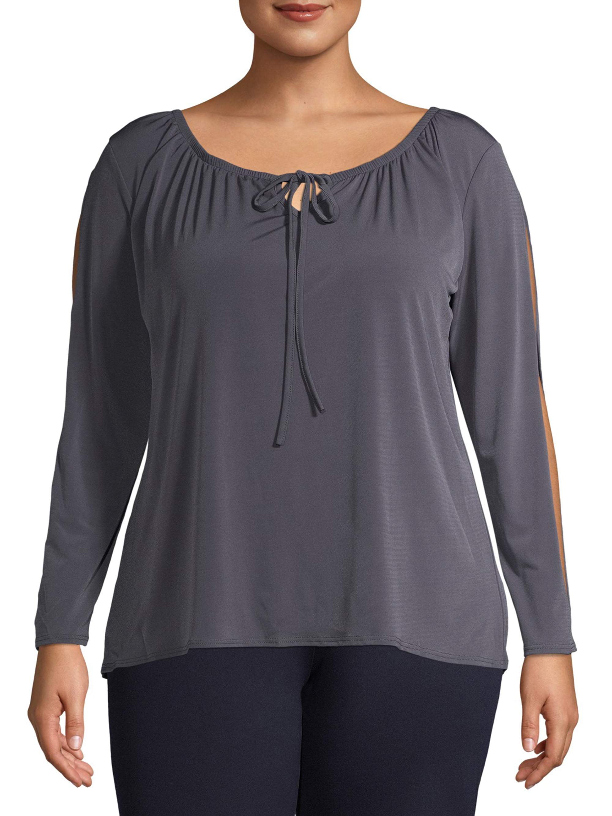 Ella Samani Plus Size Tie Front Top - Long Sleeve Blouse - Walmart.com