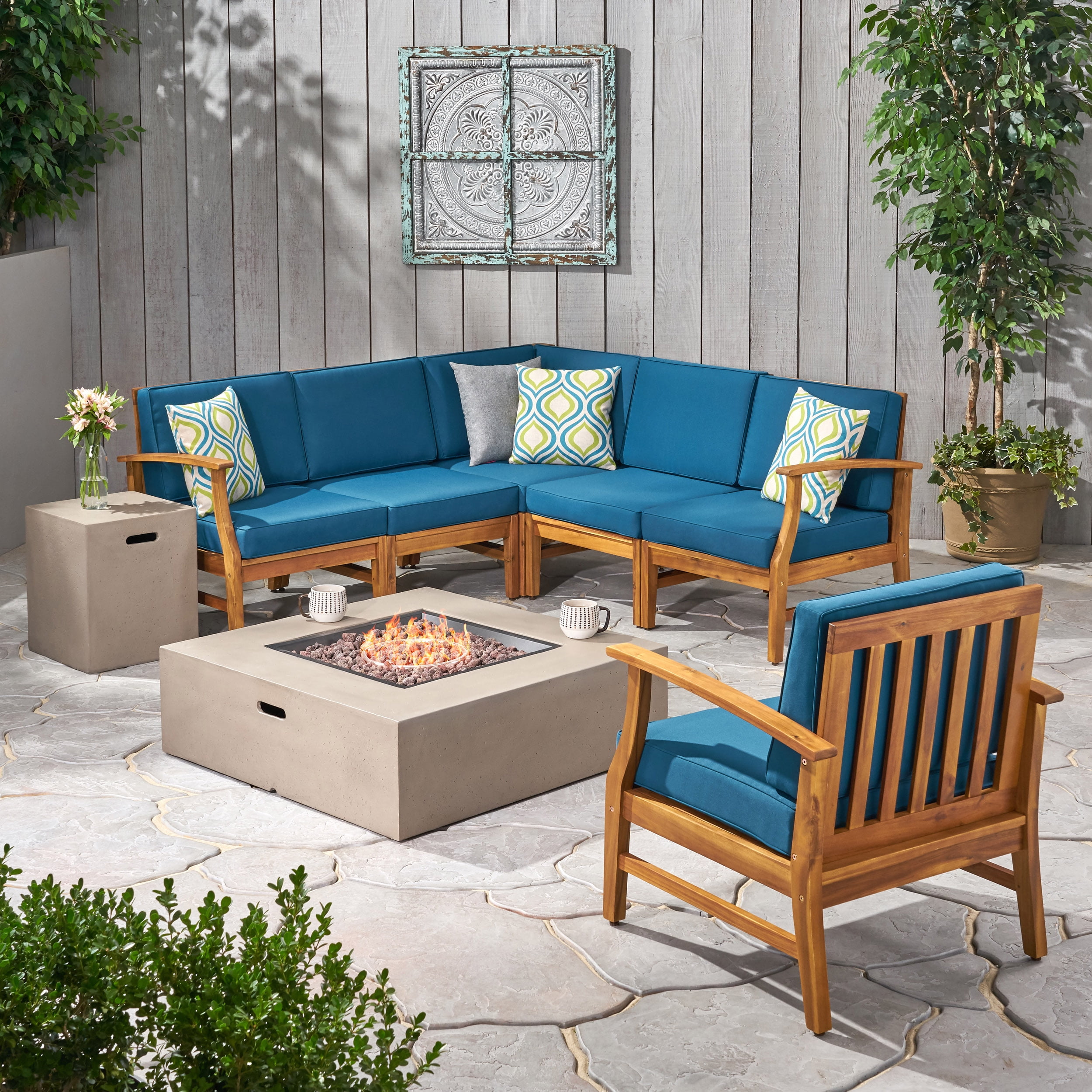 Ellanese 6-Seater Acacia Wood Sofa Set with Fire Table - Walmart ...