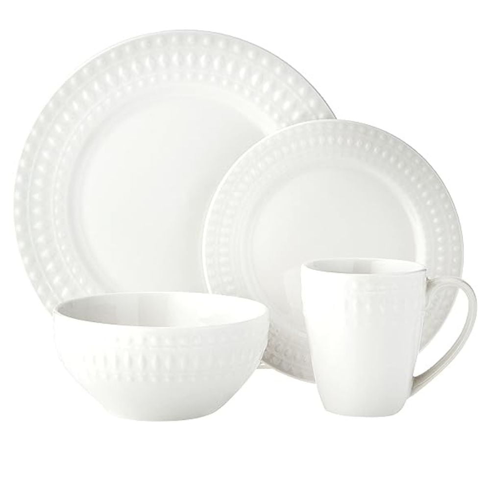 Elle Décor 16-Piece Stoneware Dinnerware Set, Modern Round Amelie White ...