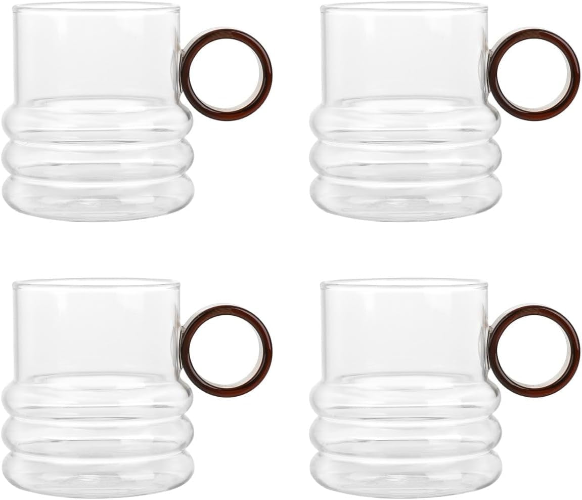 Elle Decor Set of 4 Glass Coffee Mugs, , Round Amber Handle, Made of ...