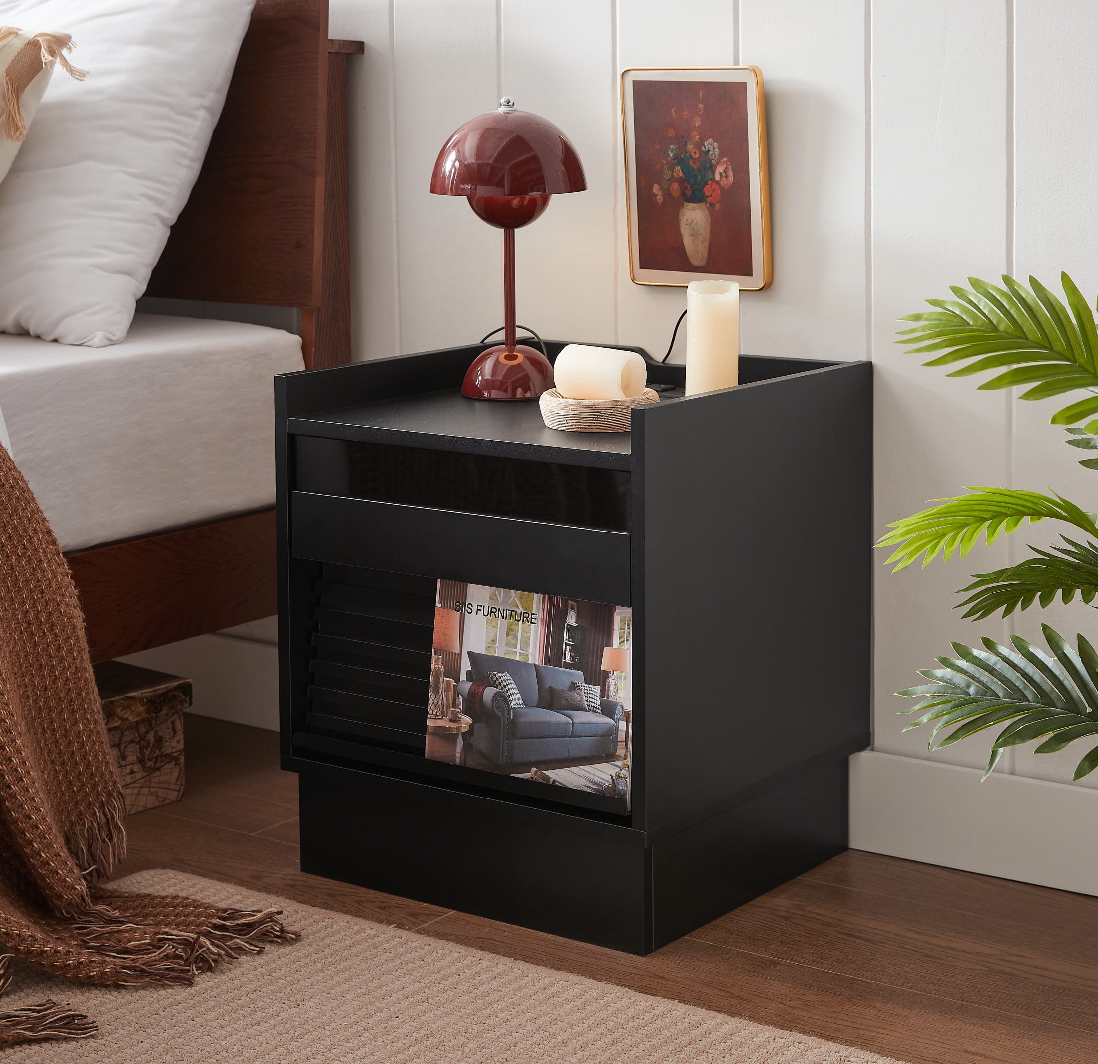 Elle Modern Nightstand with LED Lights, Charging Station, Bedside Table ...