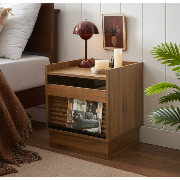 Elle Modern Nightstand with LED Lights, Charging Station, Bedside Table ...